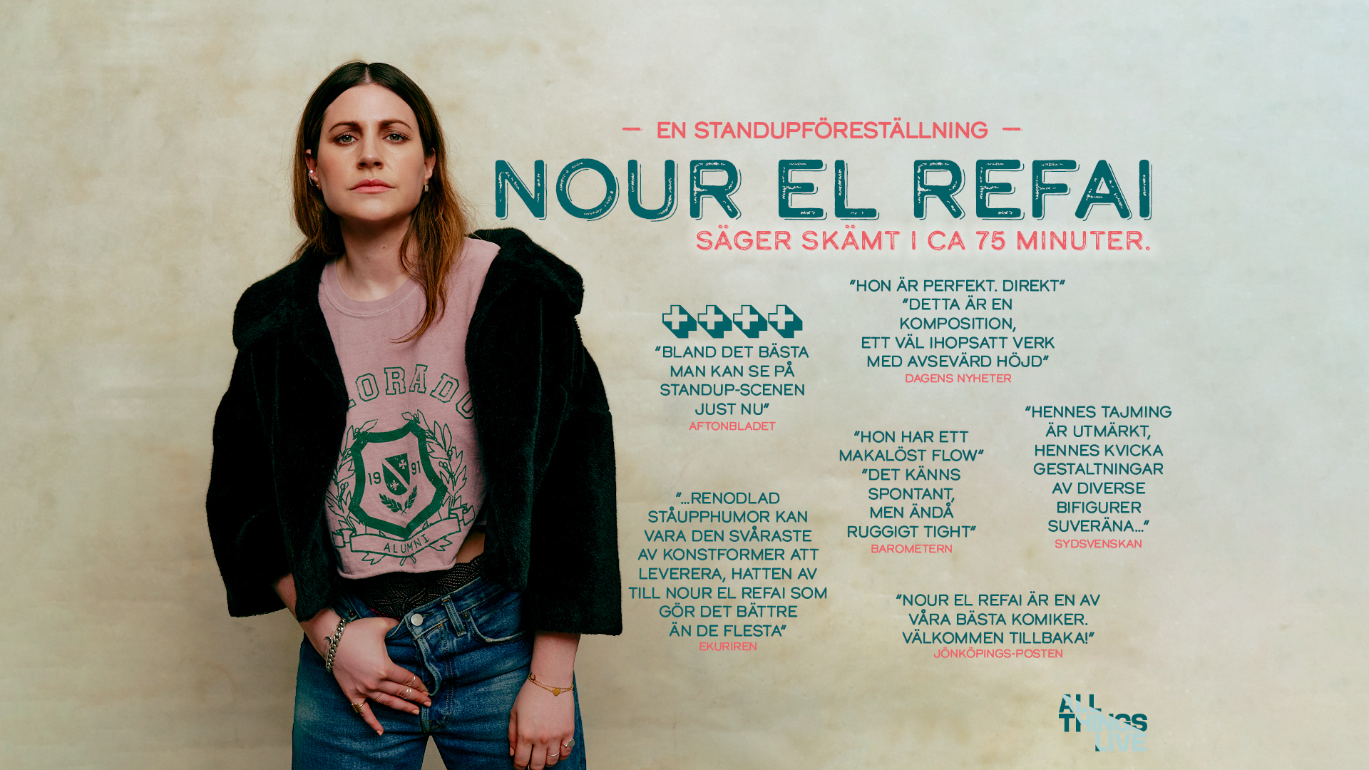 Nour El Refai – Säger skämt i ca 75 minuter – Centrala Stadsrum